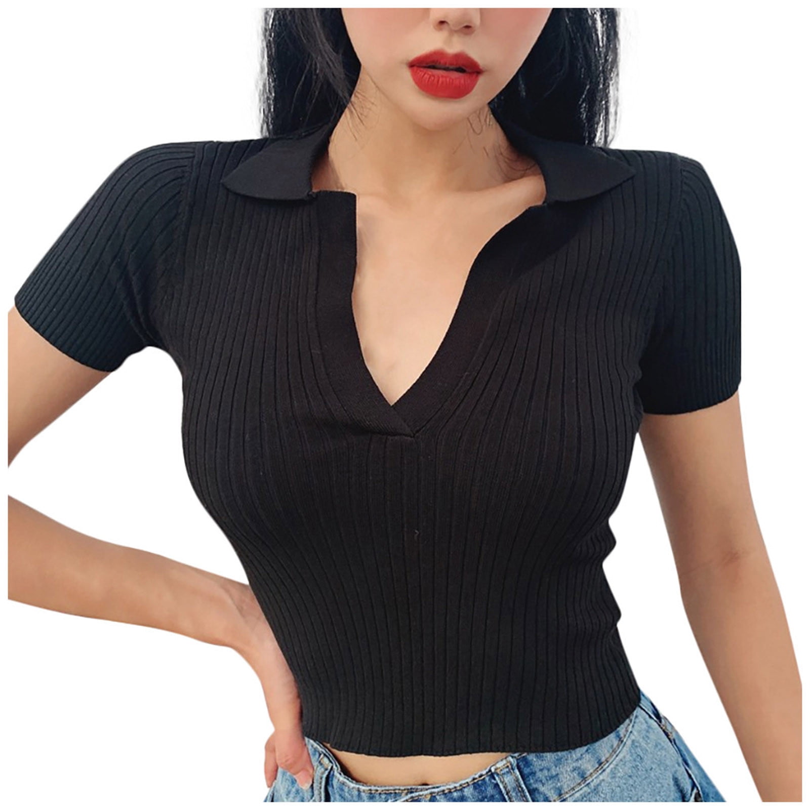Enjoytime Casual Tops for Women Solid Color Knitted Short Sleeve Shirts ...
