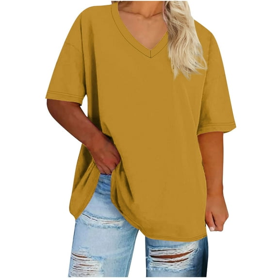 Enjoytime Casual Tops for Women Solid Color V-Neck Short Sleeve Blouse ...