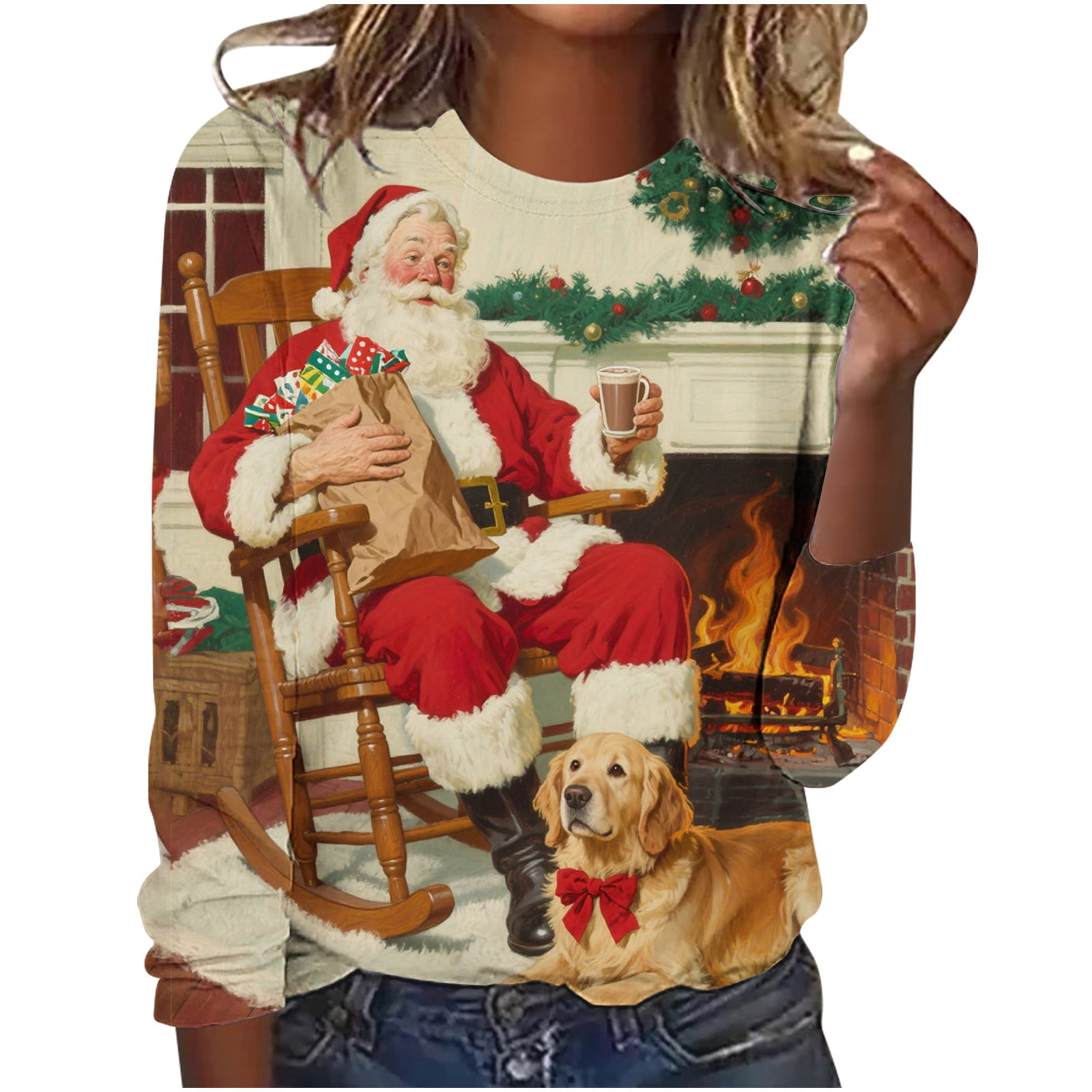 Enjoytime Christmas Blouses for Women Casual Printed Crewneck Long ...