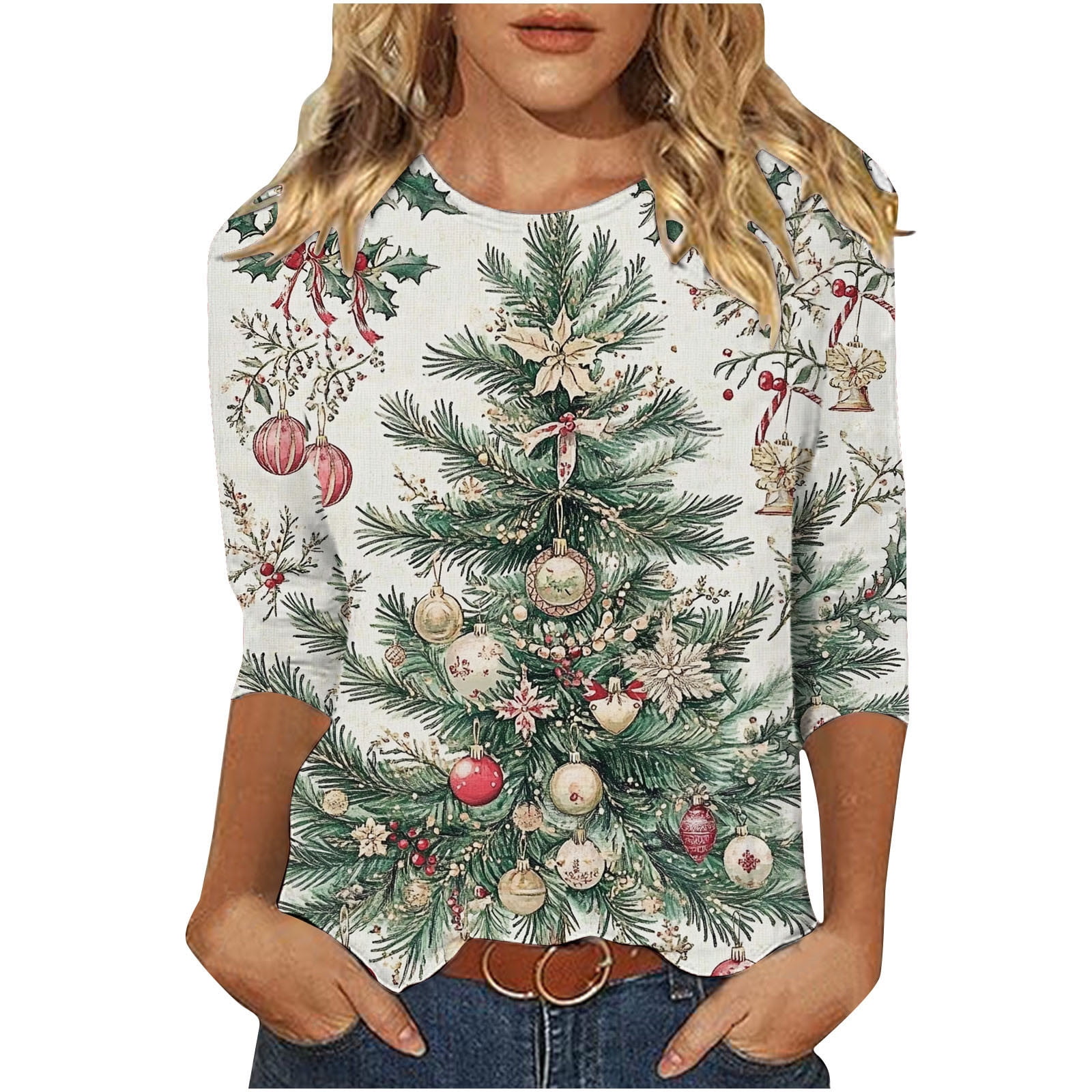 Enjoytime Christmas Ladies Blouses Fashion Printed Round Neck 3/4 ...