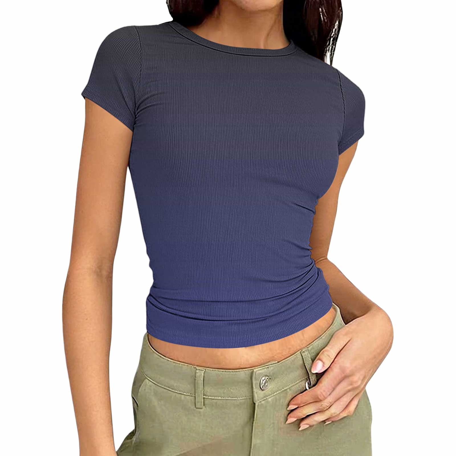 Enjoytime Crop Tops for Women Gradient Round Neck Short Sleeve Blouses ...