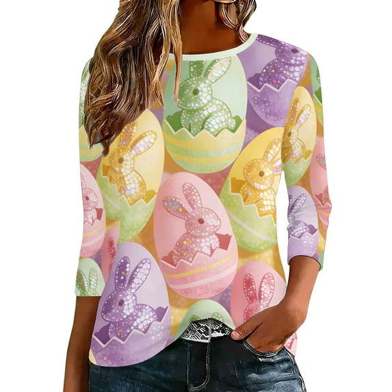 Enjoytime Cute Womens Tops Bunny Rabbit Eggs Printed 3/4 Sleeve Shirts ...
