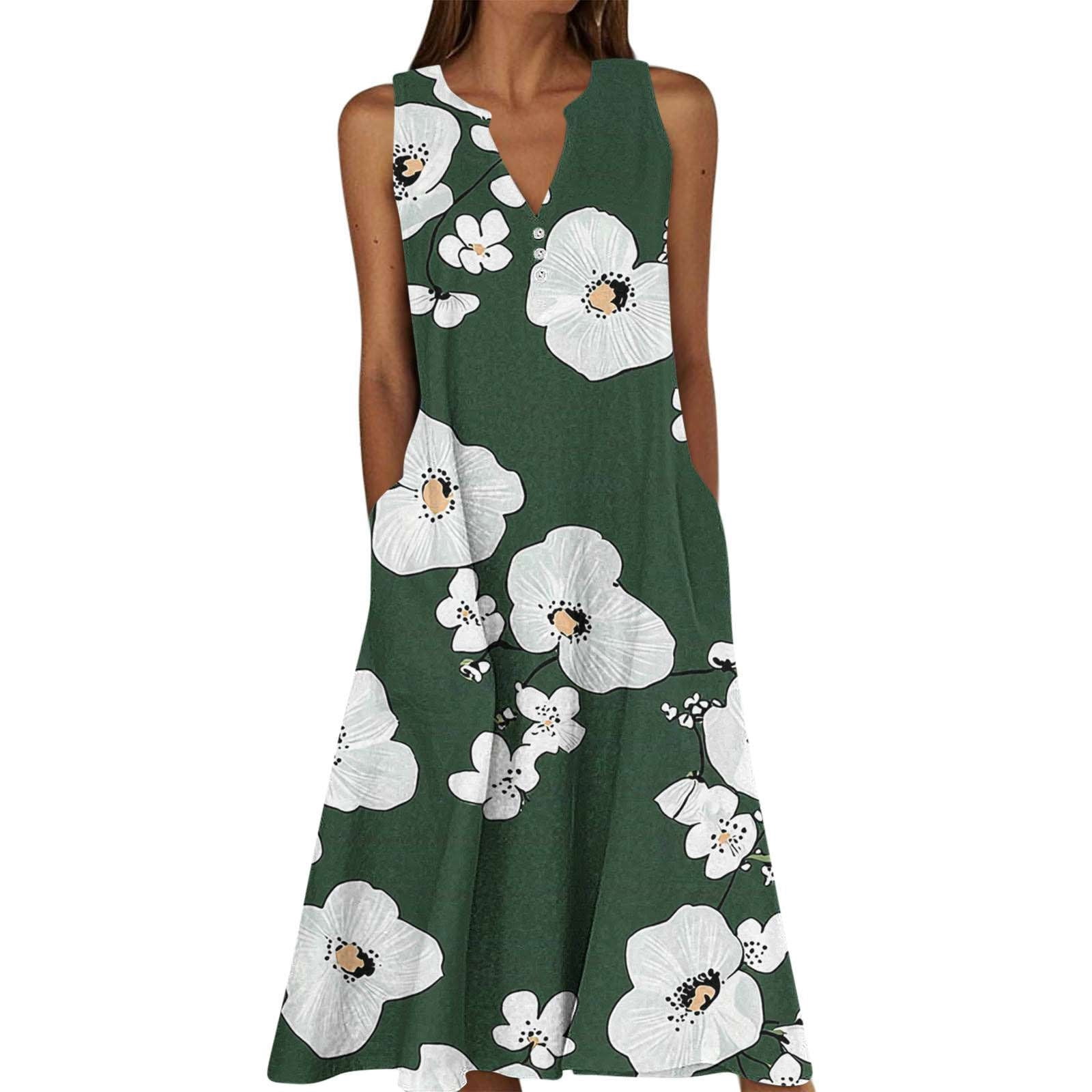 Enjoytime Dress for Women Sleeveless V Neck Floral Midi Tank Dress ...