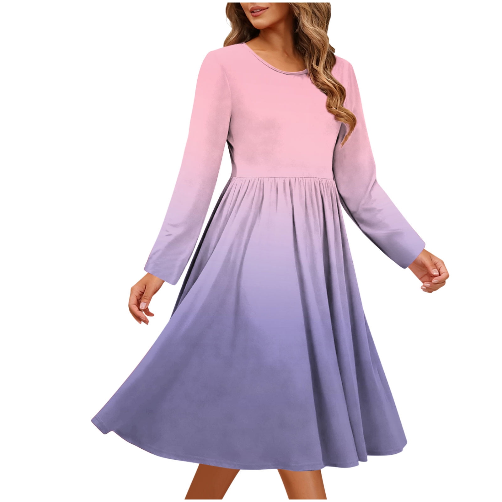 Enjoytime Dresses for Women Gradient Round Neck Long Sleeve Dress ...