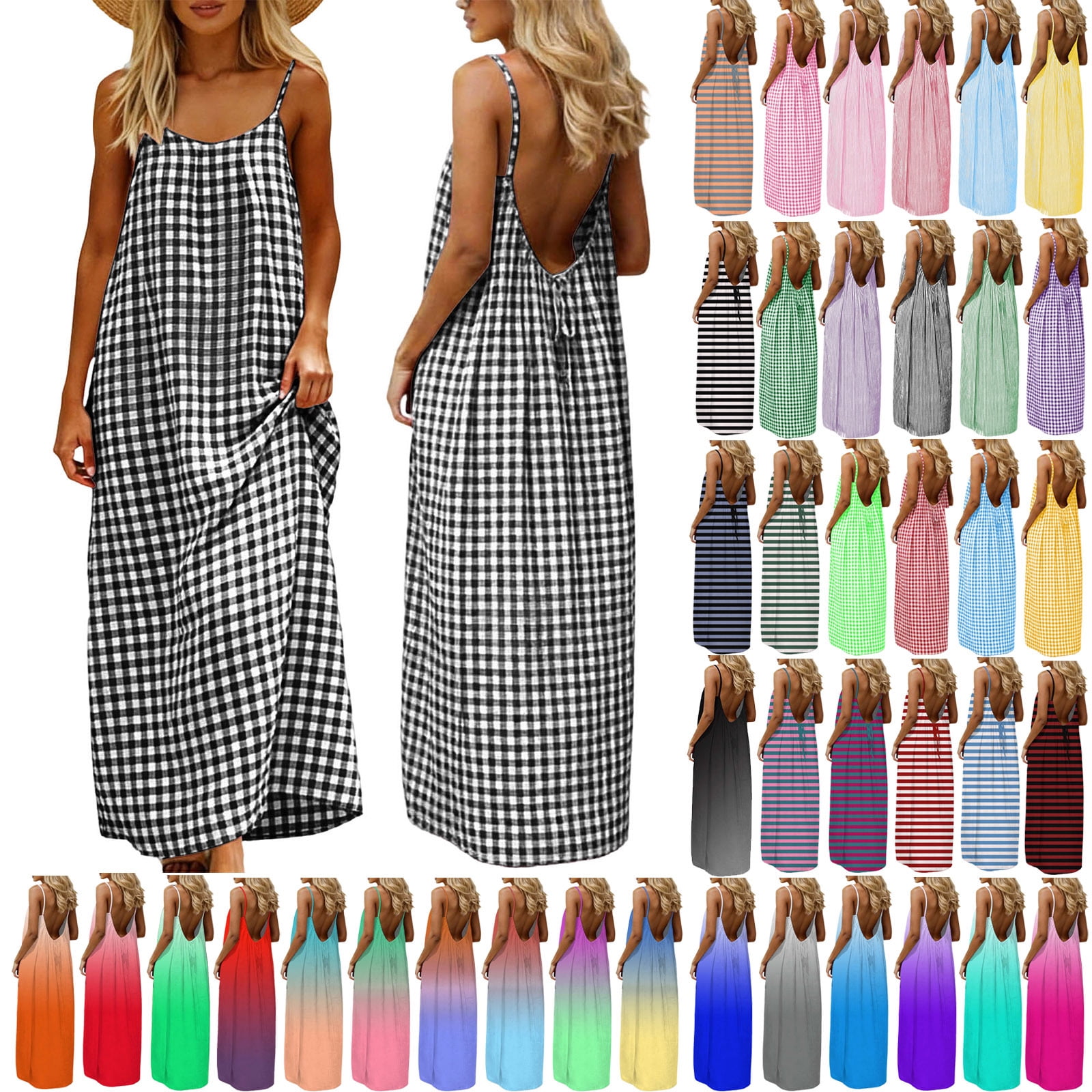 Enjoytime Dresses for Women Plaid Sleeveless Spaghetti Strap Backless ...