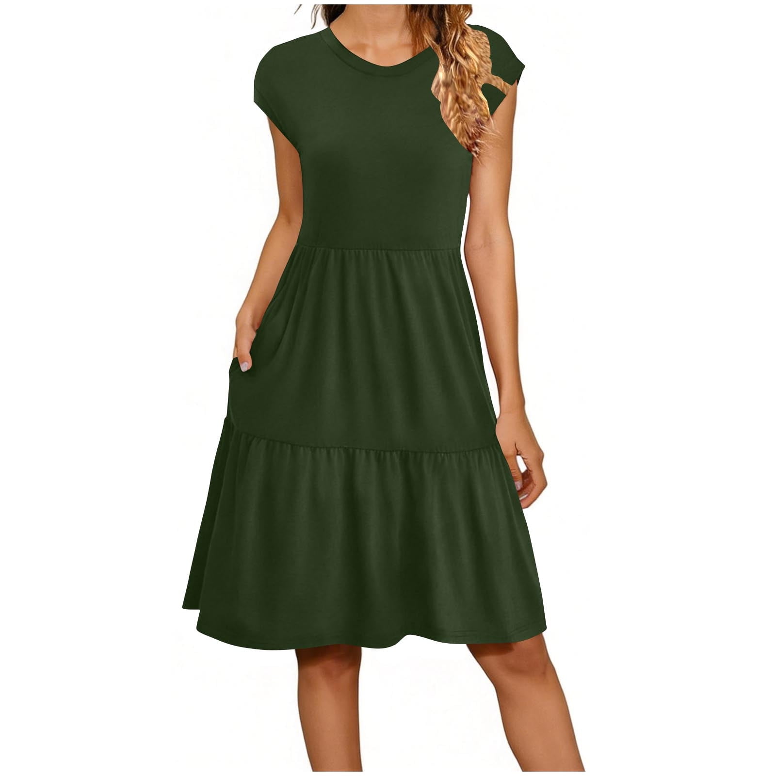 Enjoytime Dresses for Women Solid Color Round Neck Pleated Short Sleeve ...