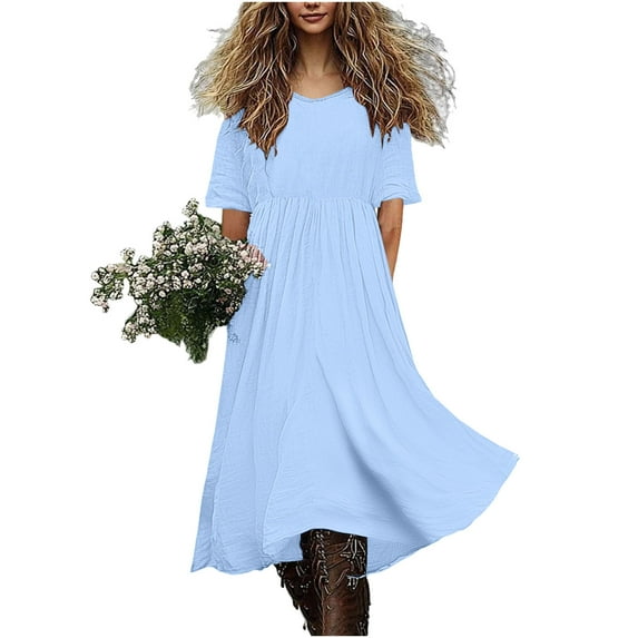 Enjoytime Dresses for Women Solid Color Round Neck Short Sleeve Long ...