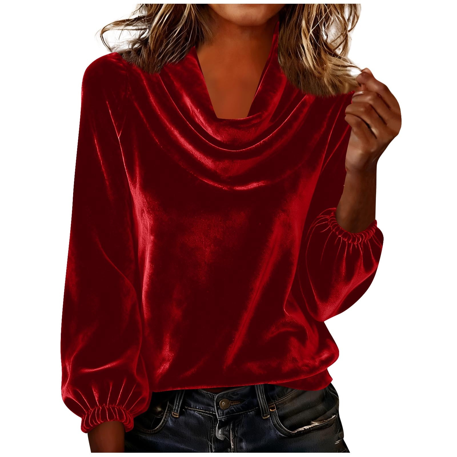 Enjoytime Dressy Tops for Women Solid Color Pleated V-Neck Long Sleeve ...