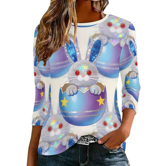 Enjoytime Easter Bunny Shirts for Women Rabbit Eggs Printed 3/4 Sleeve ...