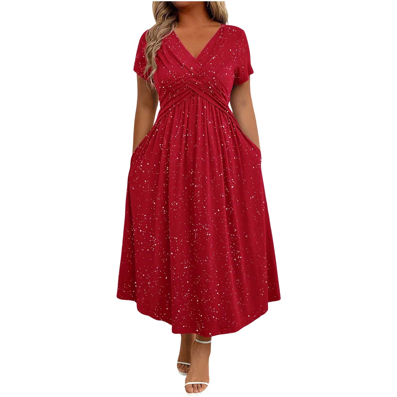 Enjoytime Elegant Dresses for Women Solid Color V-Neck Short Sleeve ...