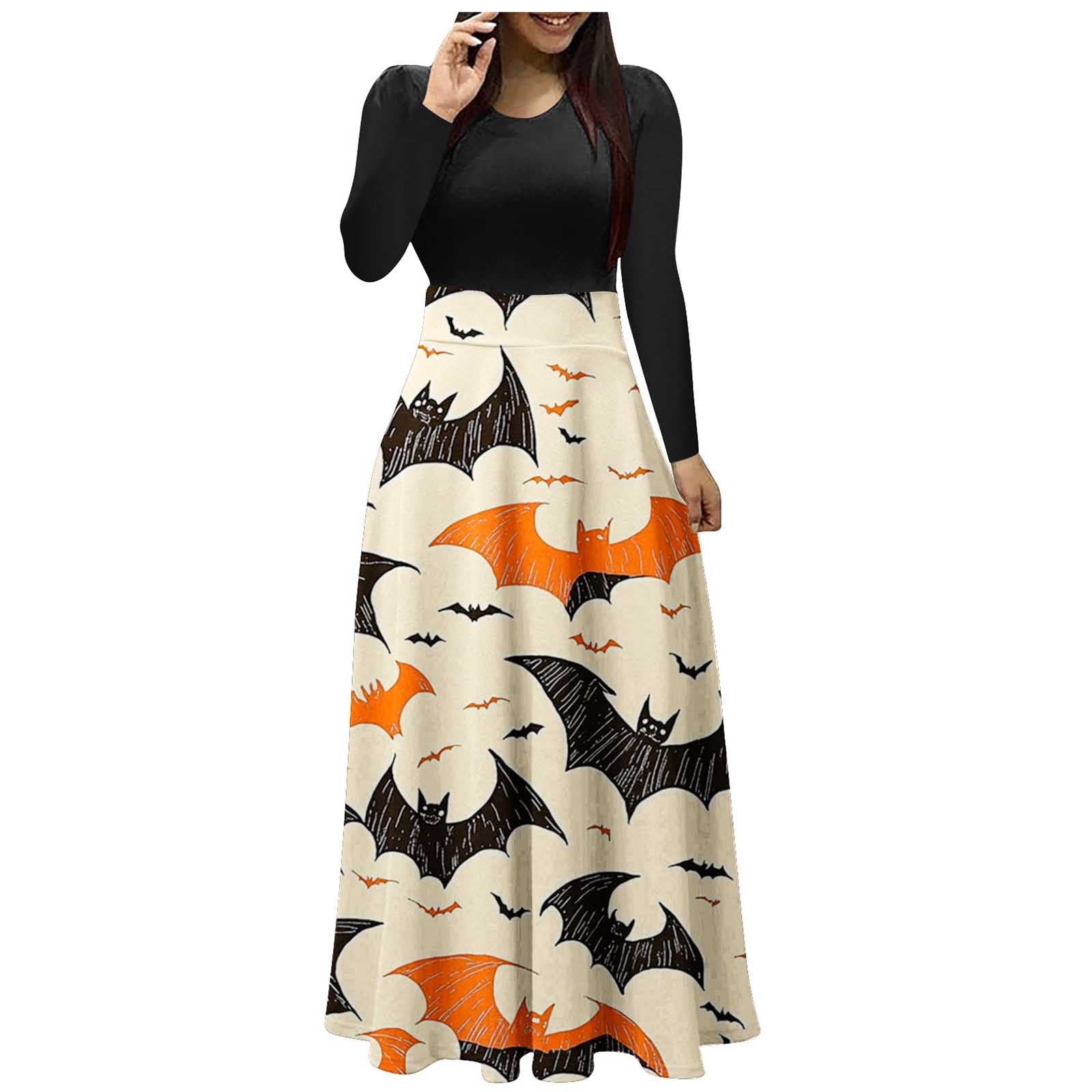 Enjoytime Halloween Dresses for Women Vintage Printed Long Sleeve Round ...