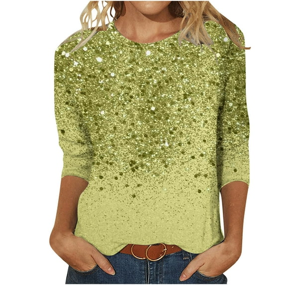 Enjoytime Ladies Tops Sparkly Sequin Printed Round Neck 3/4 Sleeve ...