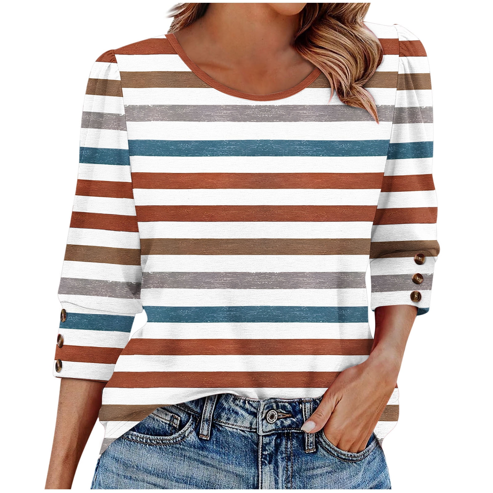 Enjoytime Ladies Tops and Blouses 3/4 Sleeve Striped Round Neck Button ...