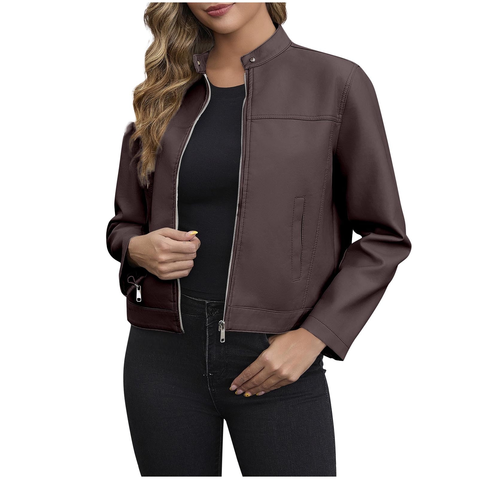Enjoytime Lightweight Jacket Women Solid Color Stand Up Collar Zip Up ...