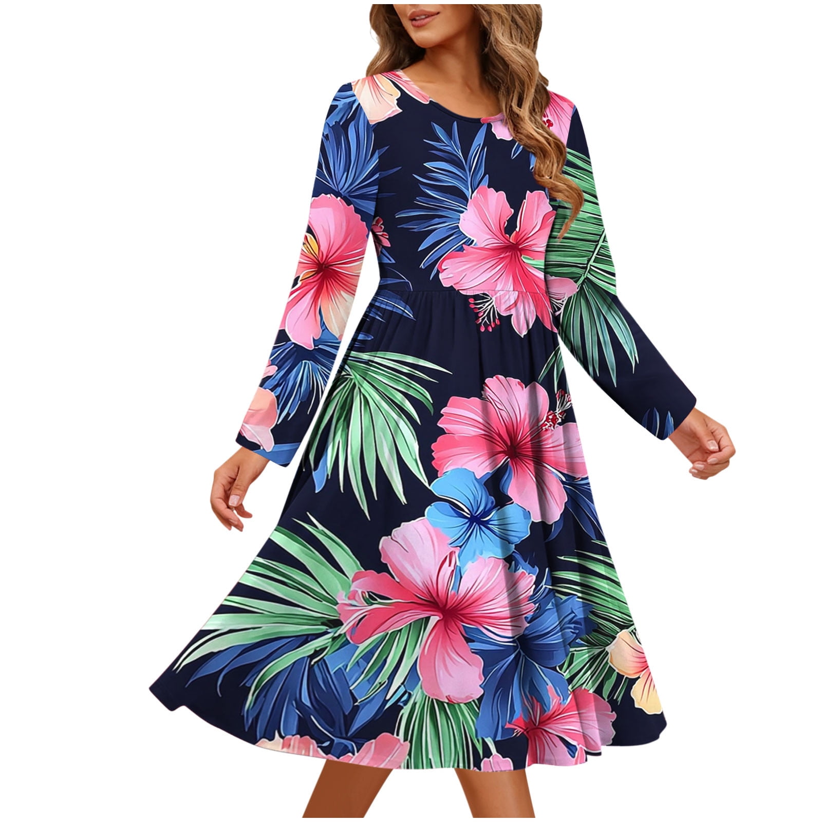 Enjoytime Long Dresses for Women Floral Printed Round Neck Dress Spring ...