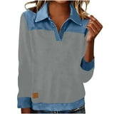 Enjoytime Long Sleeve Blouses for Women Solid Color Lapel Denim ...