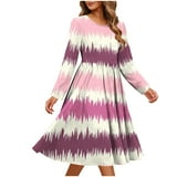 Enjoytime Long Sleeve Dress for Women Striped Printed Round Neck Midi ...