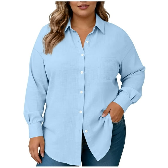 Enjoytime Long Sleeve Shirts for Women Solid Color Collared Neck Button ...