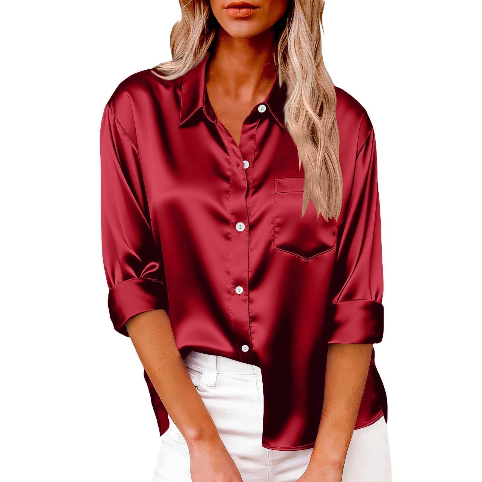 Enjoytime Long Sleeve Shirts for Women Solid Color Collared Satin ...