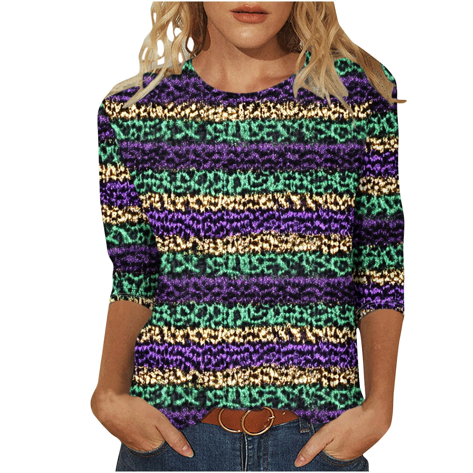 Enjoytime Mardi Gras Women Shirts Carnival Printed Crewneck 3/4 Sleeve ...