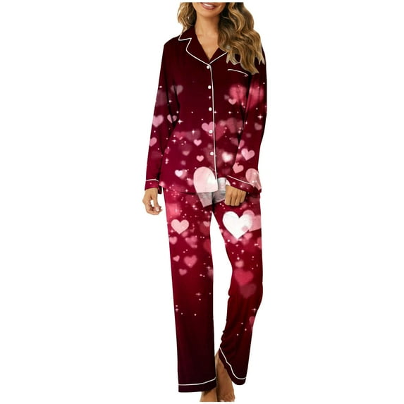 Enjoytime Matching Sets Women Heart Print Long Sleeve Button Down ...