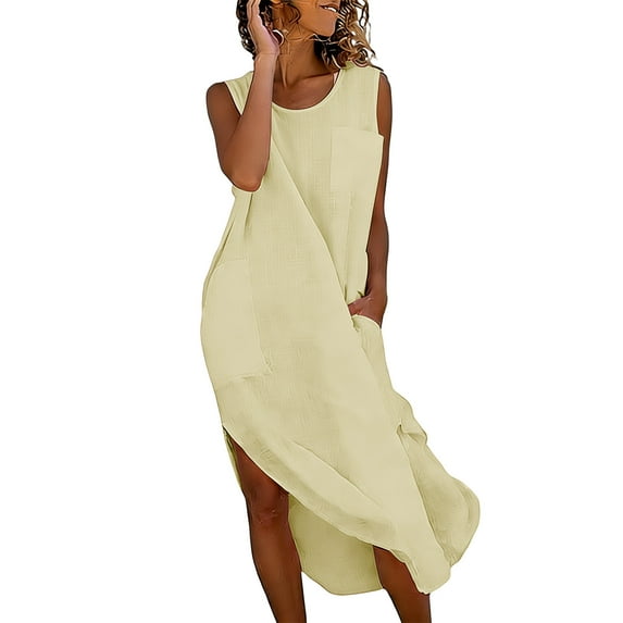 Enjoytime Maxi Dresses for Women Solid Color Crewneck Sleeveless Dress ...