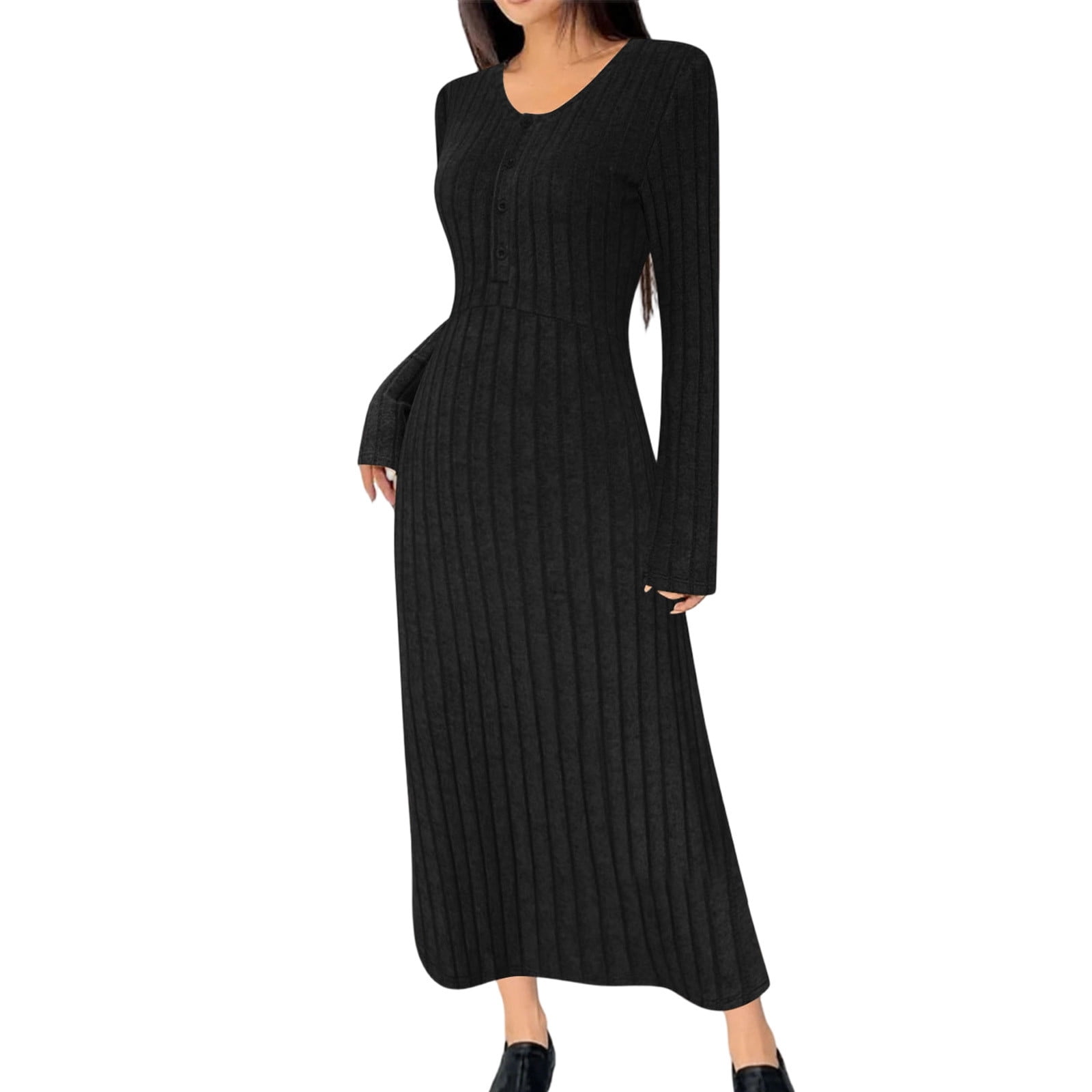 Enjoytime Maxi Dresses for Women Solid Color V Neck Ribbed Bodycon Long ...