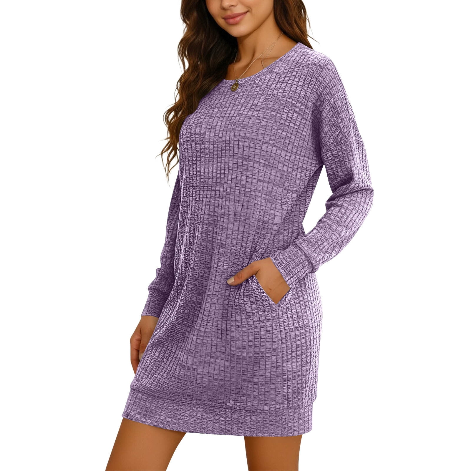 Enjoytime Mini Dresses for Women Solid Color Round Neck Long Sleeve ...