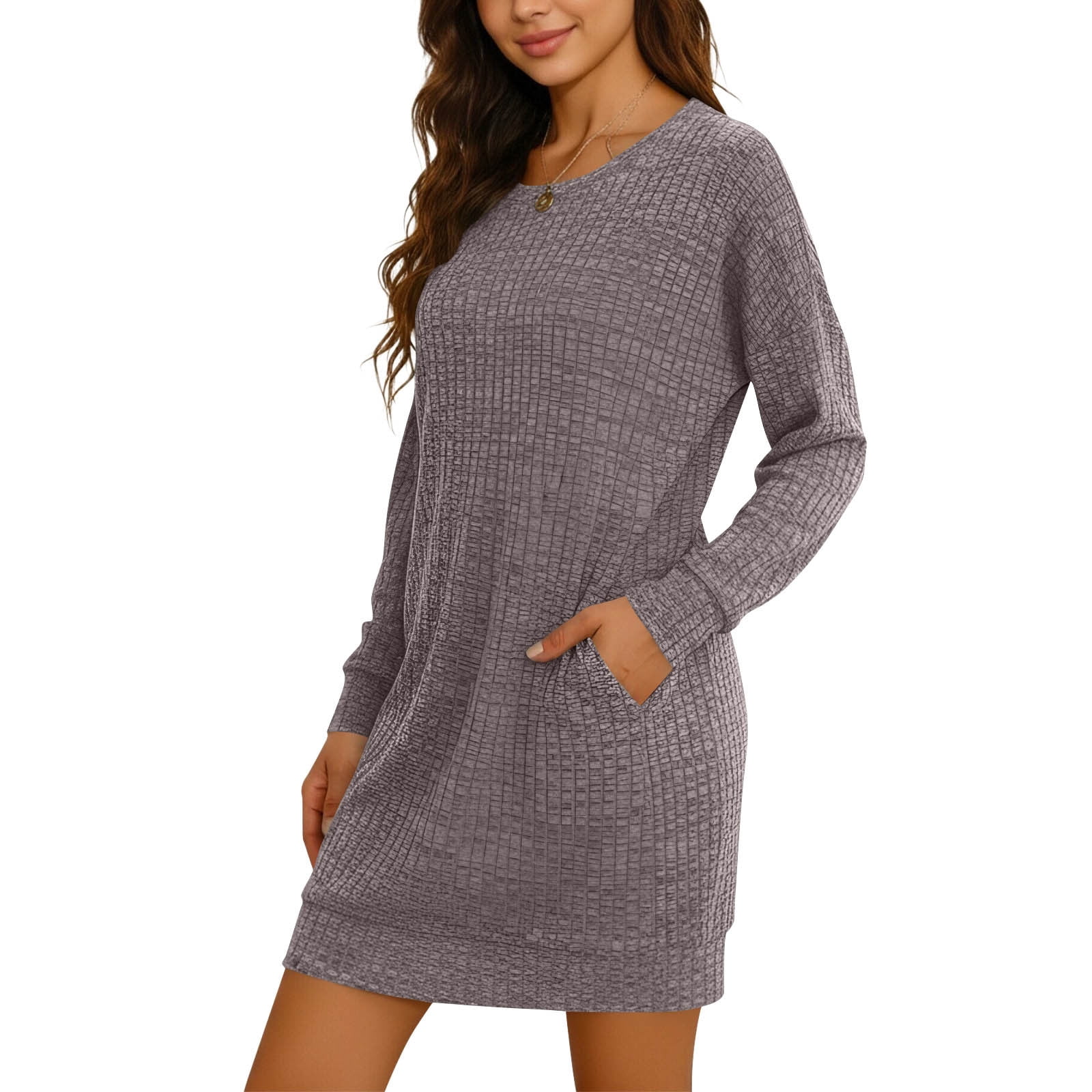 Enjoytime Mini Dresses for Women Solid Color Round Neck Long Sleeve ...