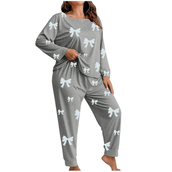 Enjoytime Pajamas for Women Bow Printed Crewneck Long Sleeve Tops with ...
