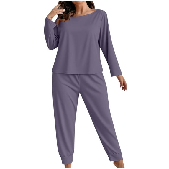 Enjoytime Pajamas for Women Set Solid Color Crewneck Long Sleeve Tops ...