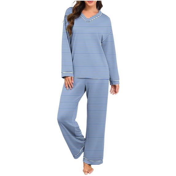 Enjoytime Pajamas for Women Striped V-Neck Long Sleeve Tops Pants Two ...