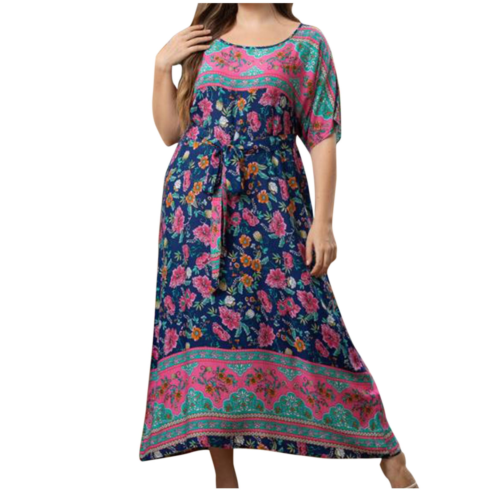 Enjoytime Plus Size Boho Dresses For Women Floral Printed Midi Dresses ...