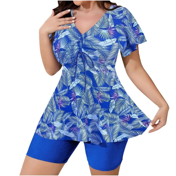 Enjoytime Plus Size Swimsuit for Women Printed V-Neck Drawstring Short ...