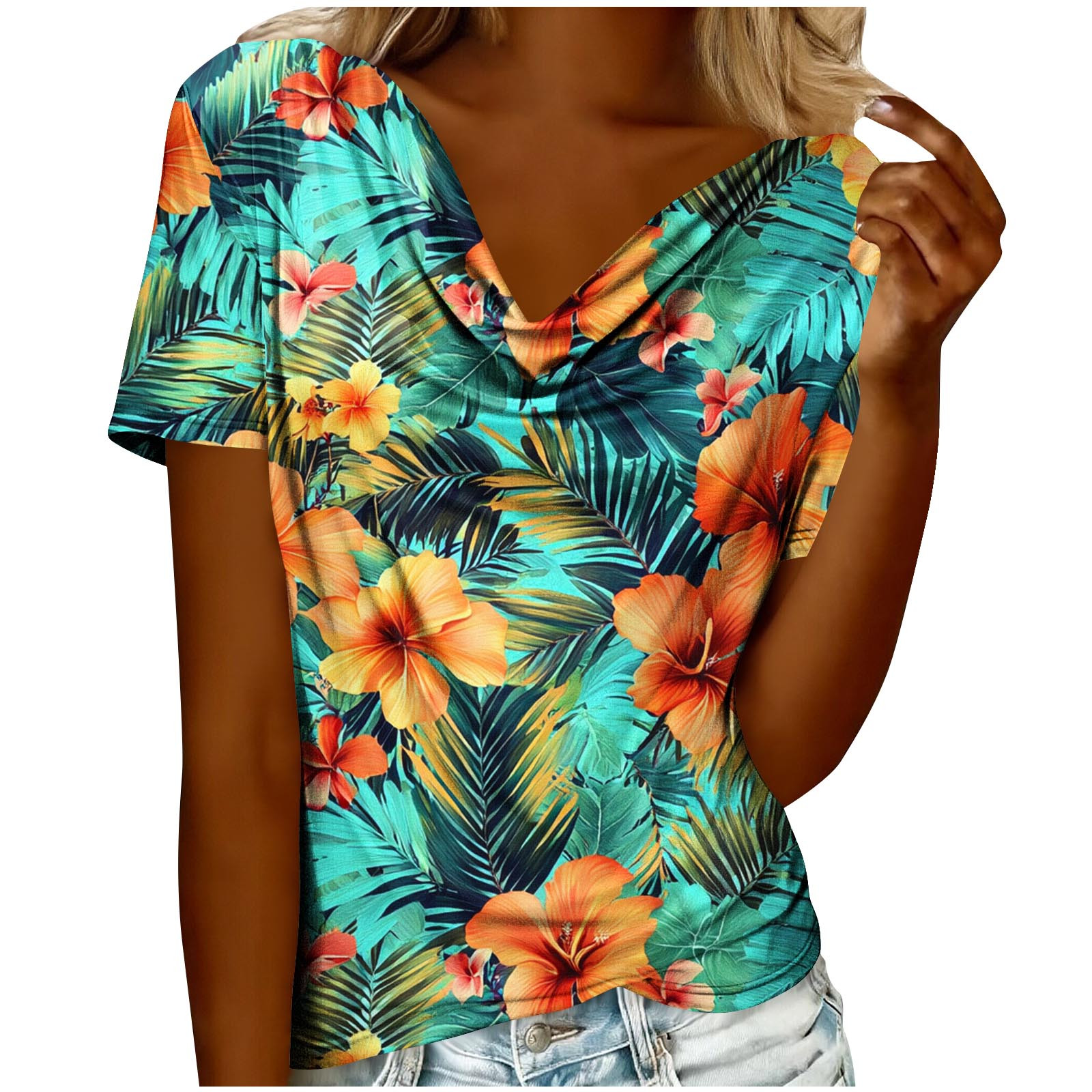 Enjoytime Shirts for Women Floral Printed Pile Collar Short Sleeve ...