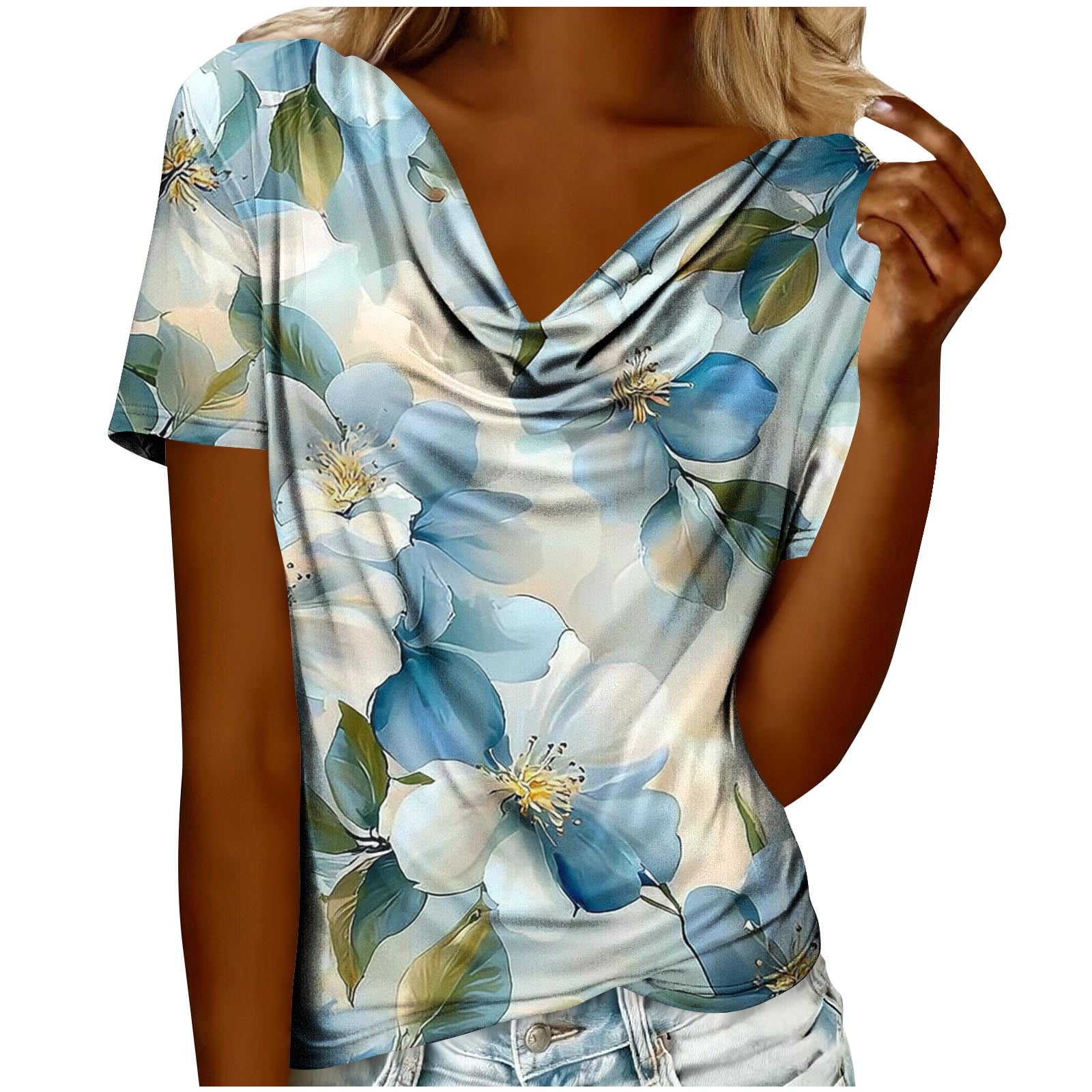 Enjoytime Shirts for Women Floral Printed V-Neck Short Sleeve Tops ...