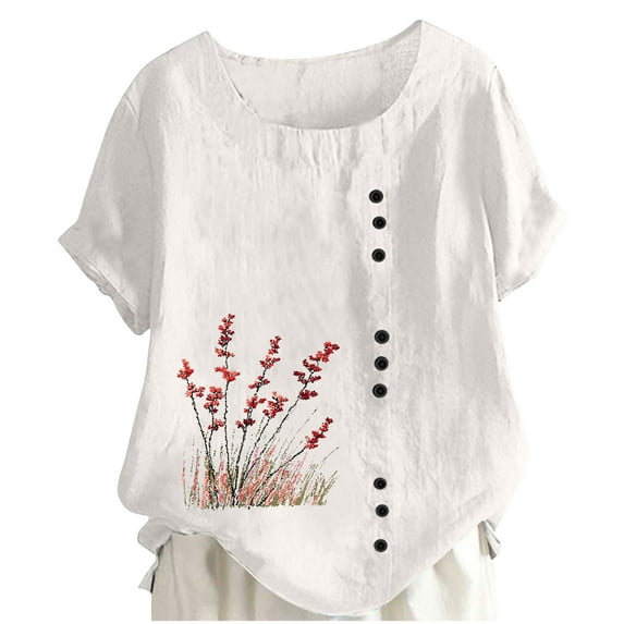 Enjoytime Shirts for Women Printed Crewneck Button Short Sleeve Tops ...