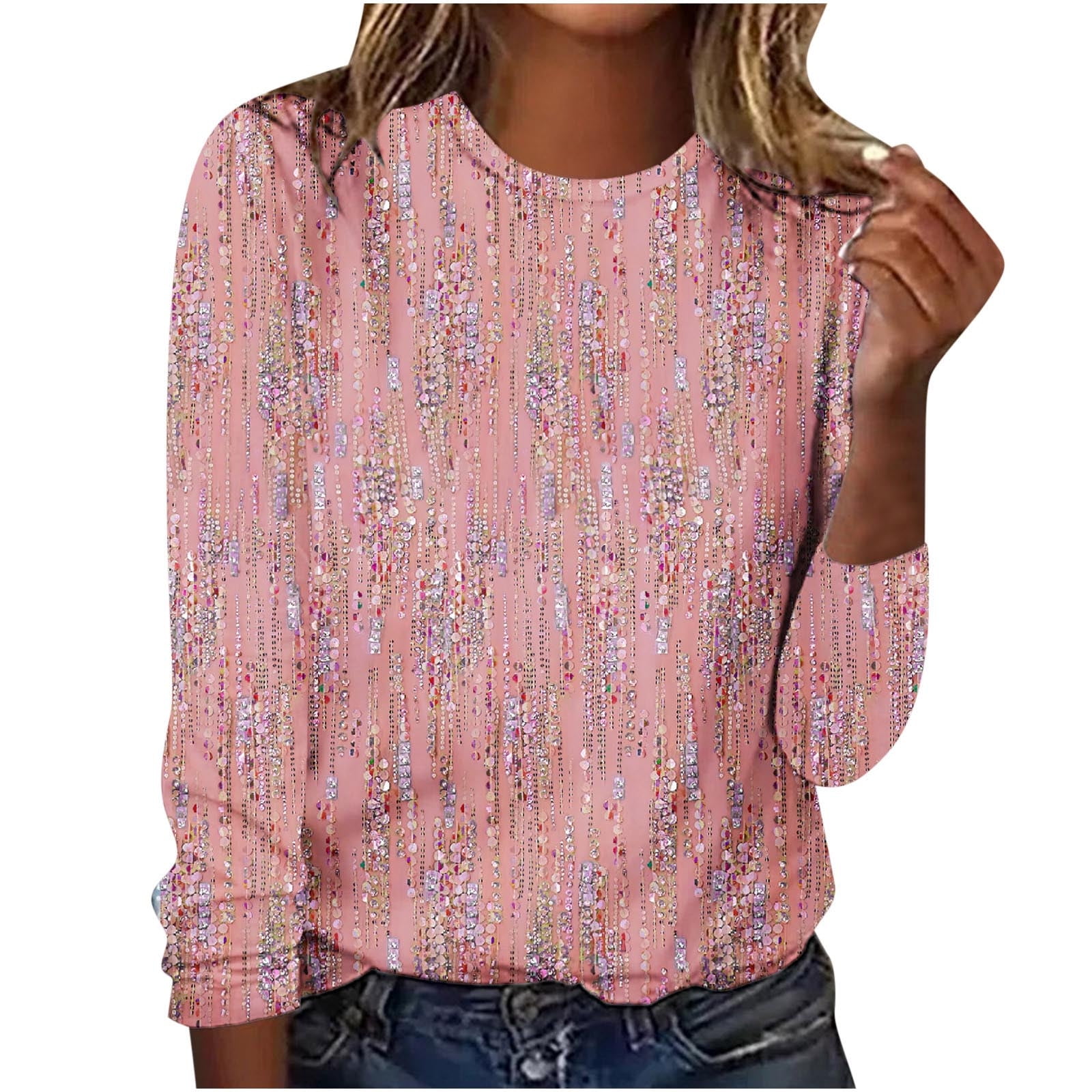 Enjoytime Shirts for Women Sequin Printing Round Neck Long Sleeve ...