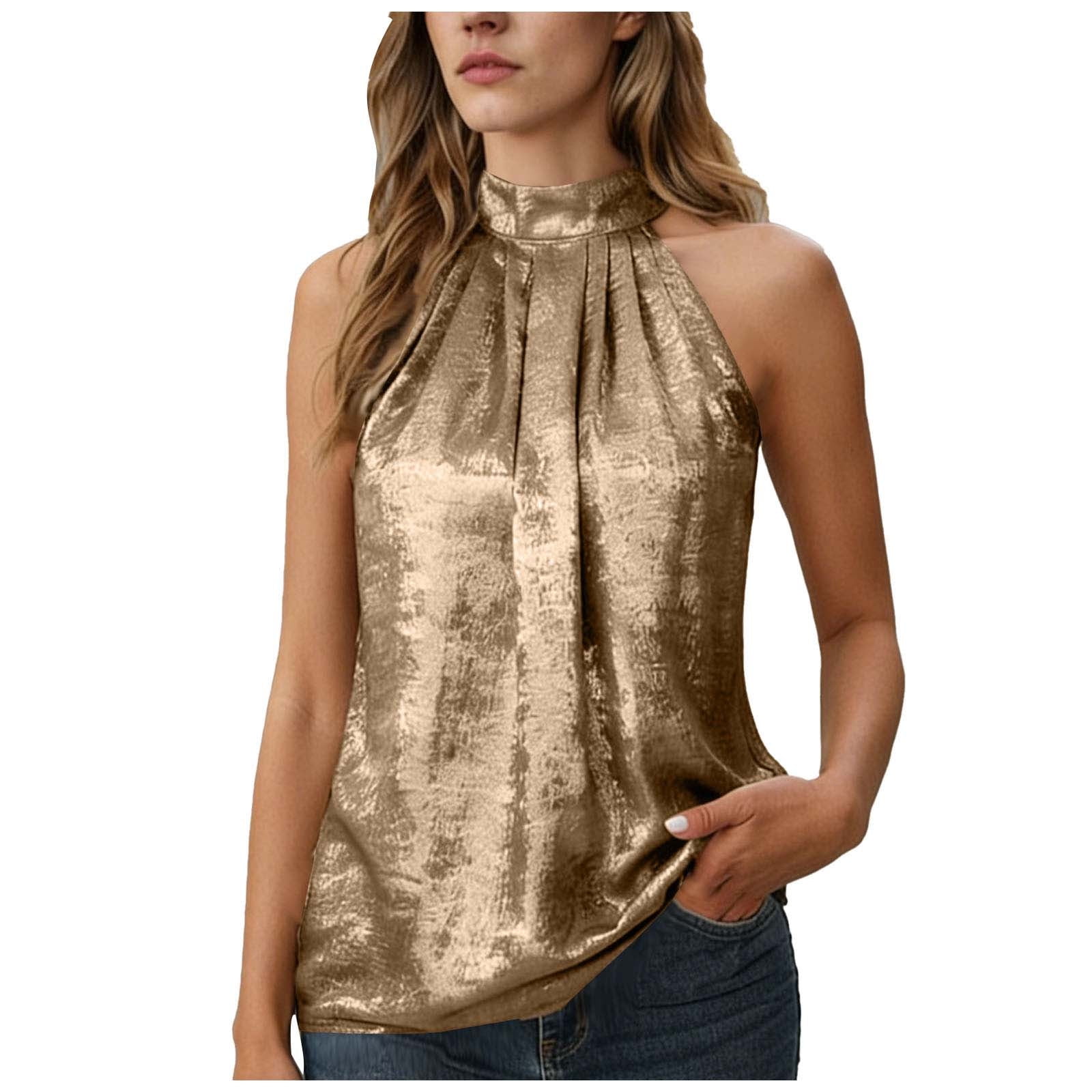 Enjoytime Shirts for Women Solid Color Pleated Stand-Up Collar Sparkle ...