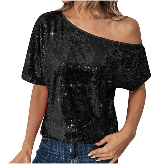 Enjoytime Shirts for Women Solid Color Sparkly Sequin One Shoulder ...