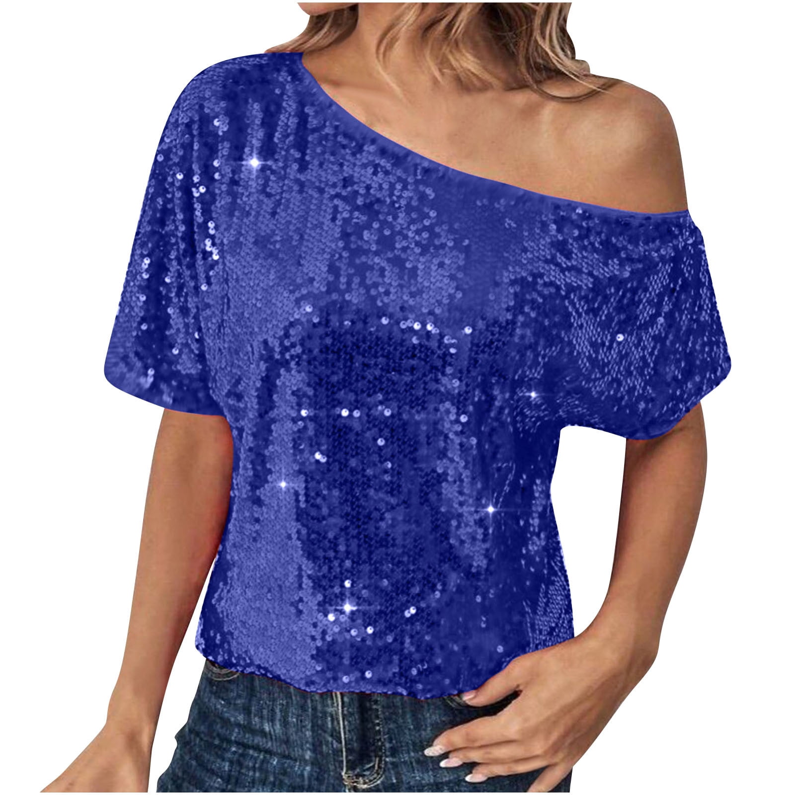 Enjoytime Shirts for Women Solid Color Sparkly Sequin One Shoulder ...