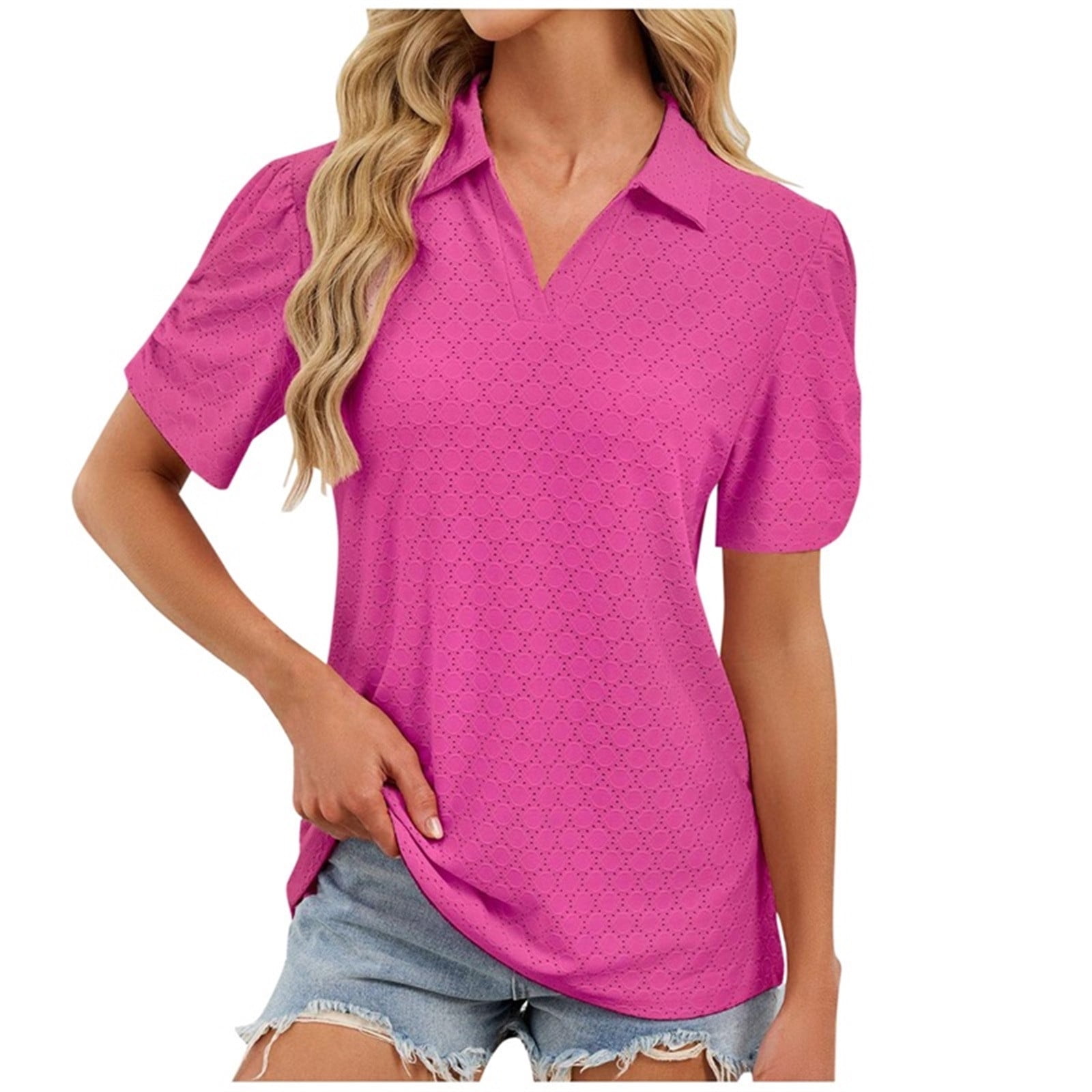 Enjoytime Shirts for Women Solid Color V-Neck Collared Short Sleeve ...