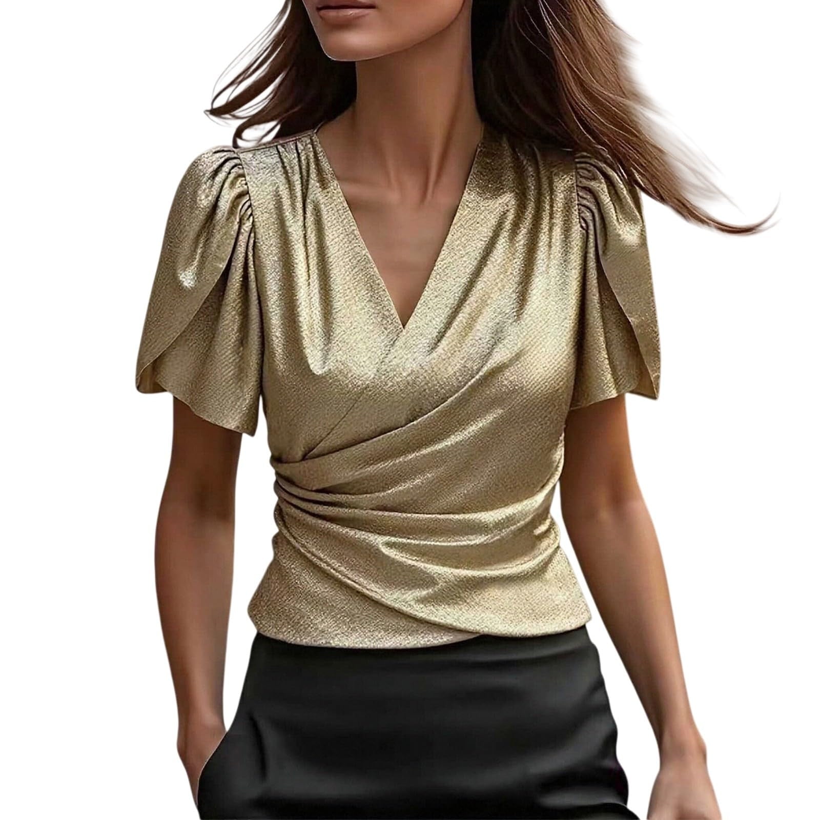 Enjoytime Shirts for Women Solid Color V-Neck Short Sleeve Pleated ...