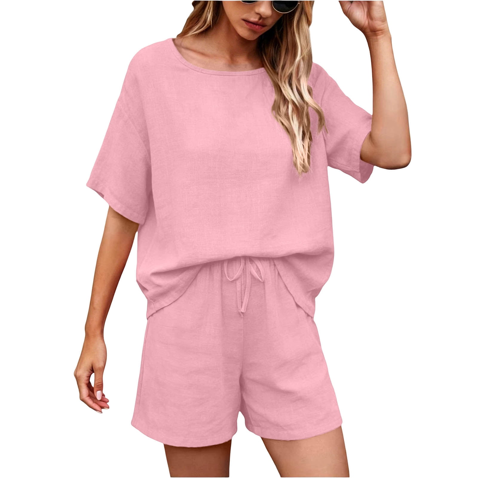 Enjoytime Short Sets for Women Summer Crew Neck Drawstring Two Piece ...
