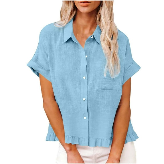 Enjoytime Short Sleeve Shirts for Women Solid Color Collar Button Down ...