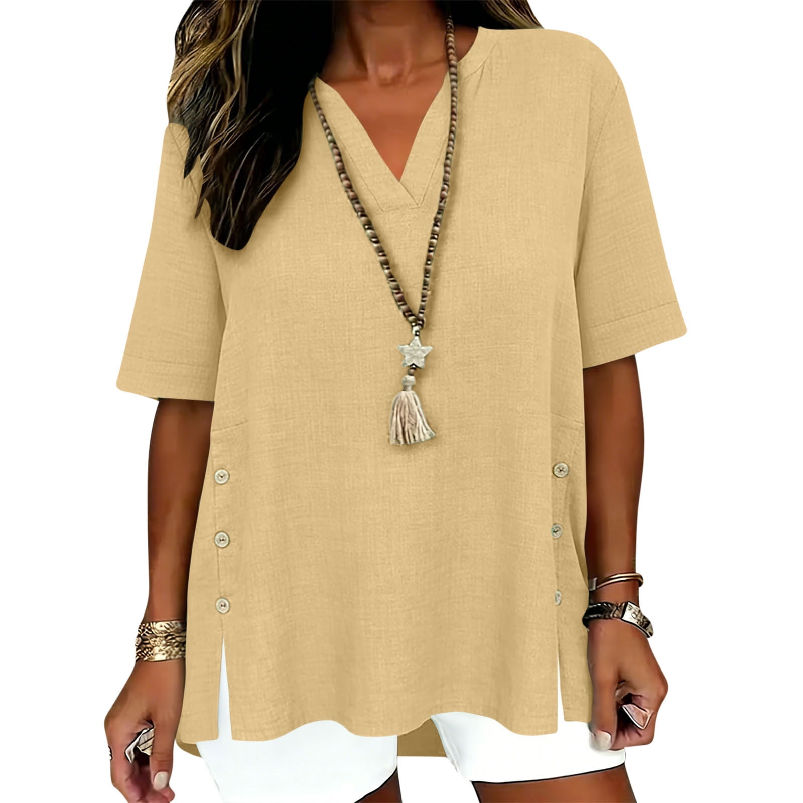 Enjoytime Short Sleeve Shirts for Women Solid Color V-Neck Slit Blouses ...