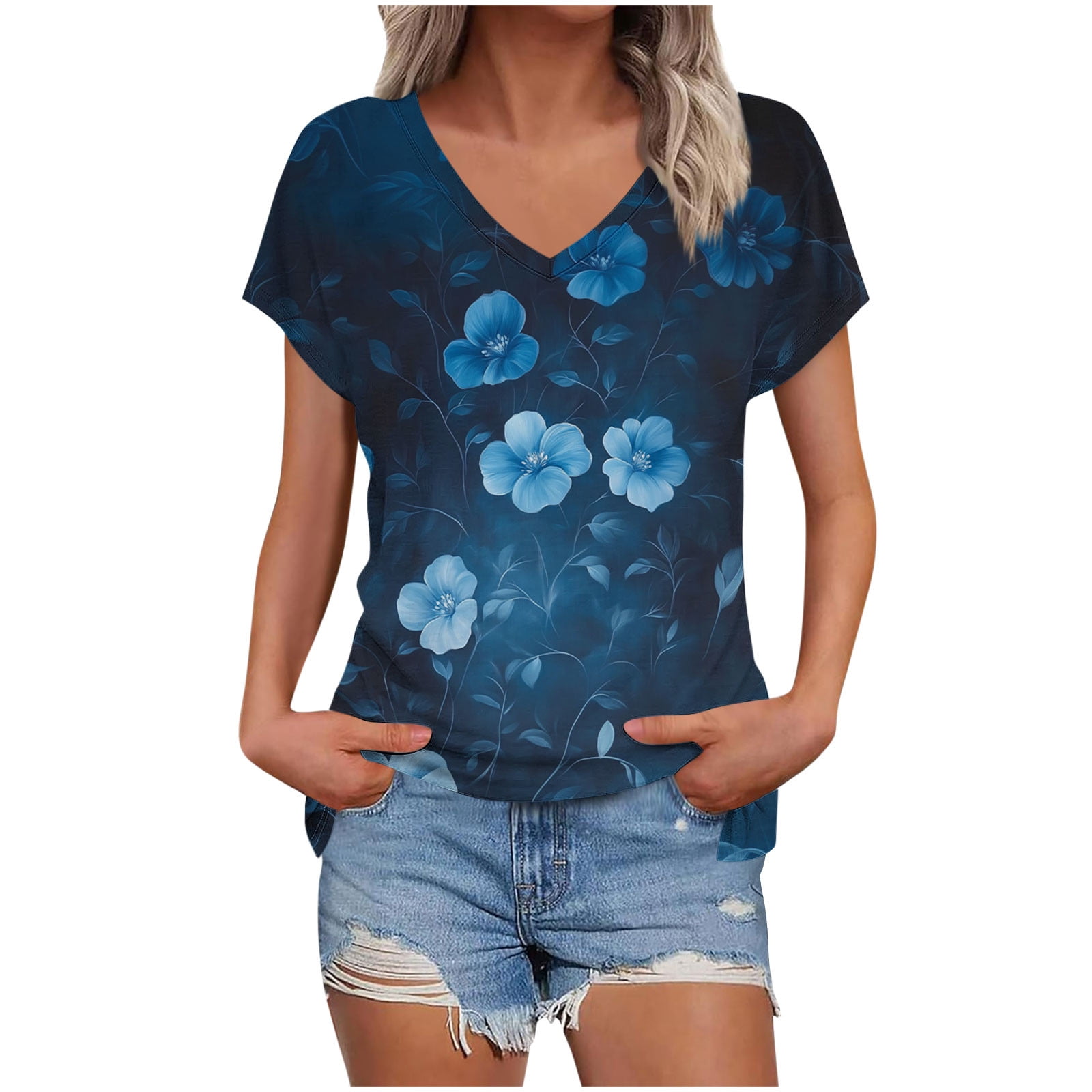 Enjoytime Short Sleeve Tops for Women Floral Printed V-Neck Casual ...