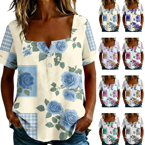 Enjoytime Short Sleeve Tops for Women Print Button Down Square Neck ...