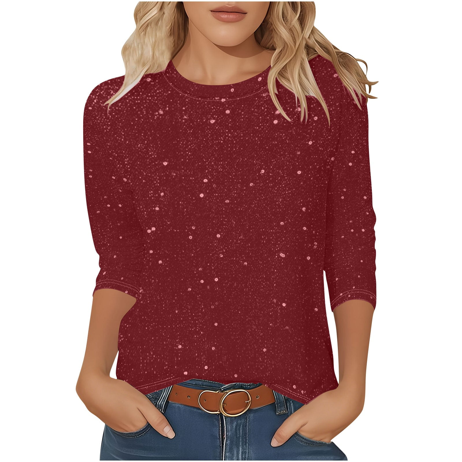 Enjoytime Spring Shirts for Women Solid Color 3/4 Sleeve Sparkly Tops ...