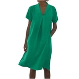 Enjoytime Summer Dresses for Women Solid Color V-Neck Short Sleeve Midi ...
